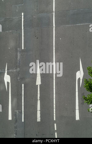 Bicycle lane, road marking with arrows and bike icons over gray cobble ...