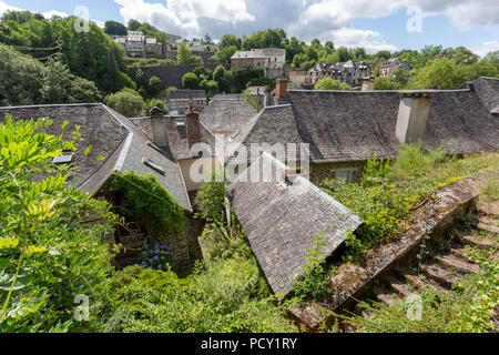 FRANCE, VIGEOIS - JULY 17, 2018: View over the old slated roofs of the ...