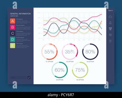 Minimalistic infographic template with flat design daily statistics graphs, dashboard, pie ...