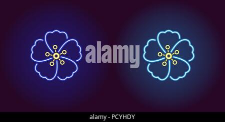 Blue hibiscus neon sign. Tropical flower with leaves. Glowing banner or ...