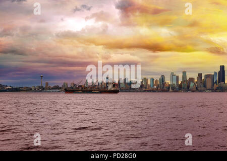 Port of Seattle along Puget Sound view from waterfront pier panorama ...