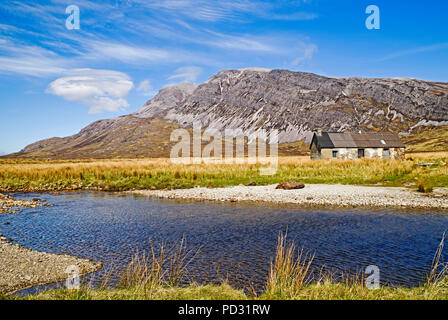 Old traditional highland hut in remote moorland location in Sutherland ...
