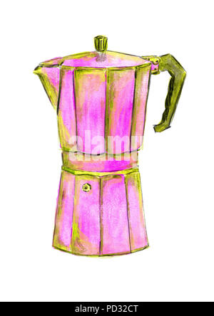 Digital watercolor illustration of a moka pot (espresso maker) in a ...