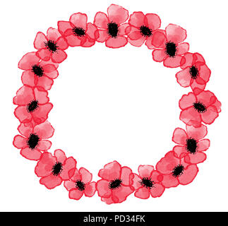 Digital watercolor red poppies wreath on the white background, symbol ...