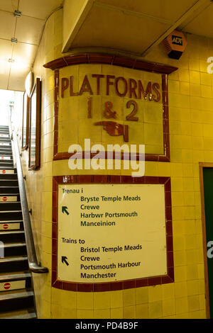 Cardiff Central Station, Wales. steps leading from the underpass tunnel ...