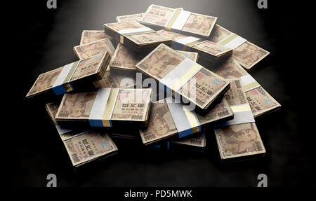 A pile of randomly scattered bundles of japanese yen banknotes on an ...