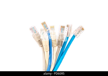 A bunch of local area network cables attached together and connectors ...