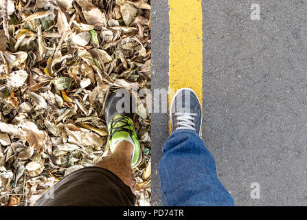 Composite of two images of personal perspective of the legs. One on the ...