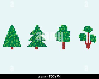 Pixel forest set. Retro 8 bit video game UI elements, trees bushes and grass sprite asset ...