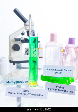 Noxious additives in cosmetics. Laboratory with chemical substances ...