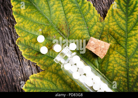 Homeopathic lactose sugar globules on leaf with glass bottle Stock ...