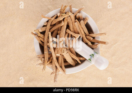 Nutritional supplement ashwagandha in mortar from above Stock Photo - Alamy