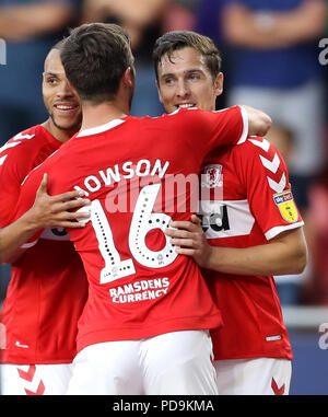 Middlesbrough's Stewart Downing celebrates his goal with team mates ...