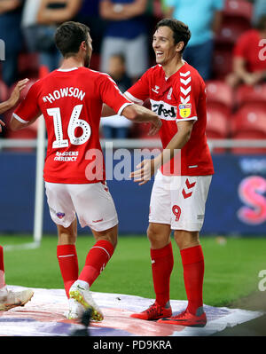 Middlesbrough's Stewart Downing celebrates his goal with team mates ...