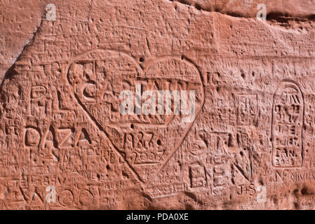 Graffti scratched into the cliffs of the Jurassic Coast below Jacobs ...
