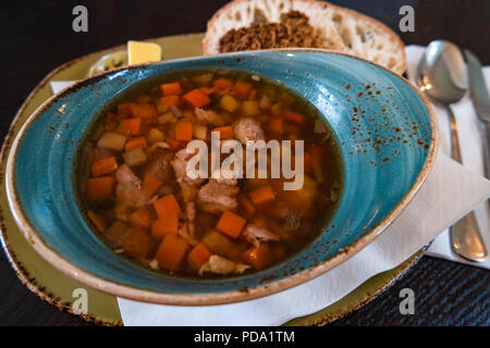 Traditional Icelandic lamb soup, bread and butter, summer time, indoor ...