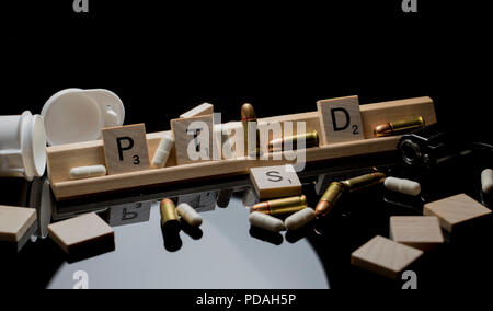 PTSD and self harm awareness concept with text blocks, bullets and ...