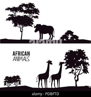 Silhouettes of wild animals of the African savannah. African landscape ...