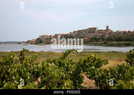 France, Aude, Bages, the village, the lake and Canigou peak Stock Photo ...