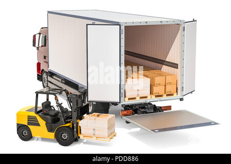 Lorry with parcels and forklift truck with cardboard boxes. Freight transportation, delivery ...