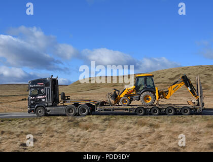 Scania hgv lorry truck & low loader trailer loaded with track laying ...