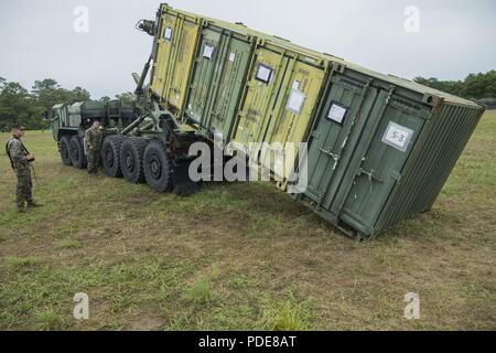 A U.S. Marine Logistic Vehicle System (LVS) is offloaded the USNS Stock ...