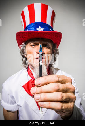 Uncle Sam holding up a syringe labeled oil. Concept of addicted to oil ...