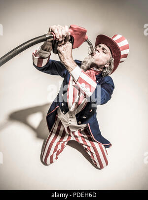 Uncle Sam kneeling with a gas pump nozzle held in front of his mouth as ...