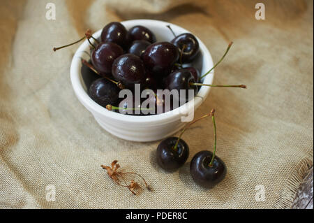 Appetising fresh Morello Cherries in white bowl on a hessian cloth on a ...