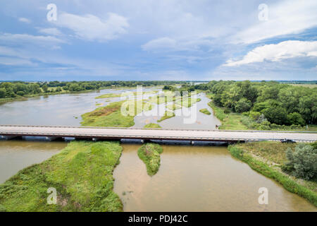 aerial view of shallow and braided Platte River near Brady, Nebraska in ...
