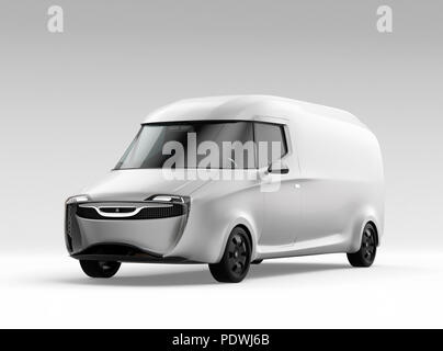 White electric powered delivery van with copy space on the body. Studio ...