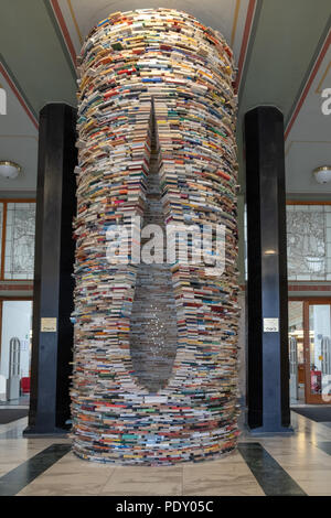 Book tower in Prague Central Library. Tower in circular form of ...