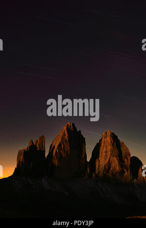 Three Peaks Mountain Hut at dusk, Three Peaks Mountains, Dolomites ...