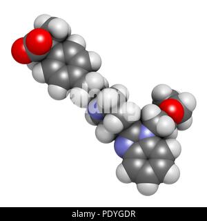 Bilastine antihistamine drug molecule. 3D rendering. Atoms are ...