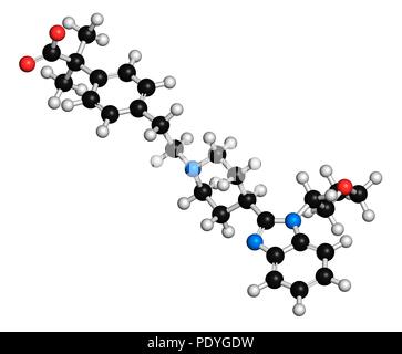 Bilastine antihistamine drug molecule. 3D rendering. Atoms are ...