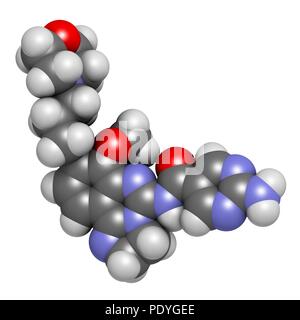 Copanlisib cancer drug molecule (PI3K inhibitor). Stylized skeletal ...
