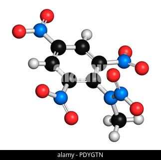 Tetryl explosive molecule. 3D rendering. Atoms are represented as ...
