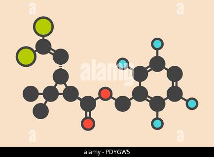 Transfluthrin insecticide molecule. Stylized skeletal formula (chemical structure): Atoms are ...