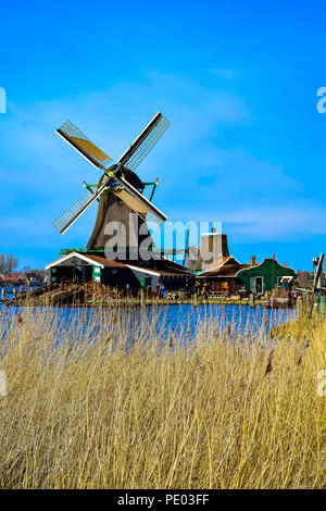 Windmiiils in the Dutch town of Zaanse Schans near Amsterdam Stock ...