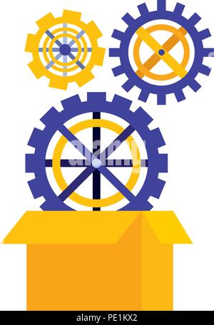 set gears machine with box carton isolated icon vector illustration ...