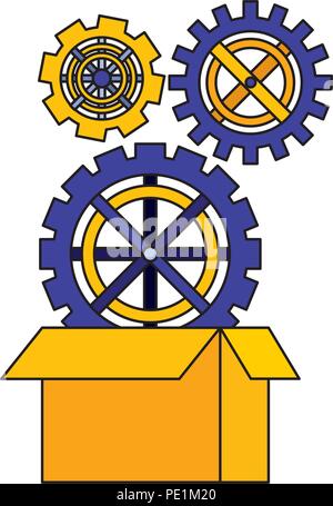 set gears machine with box carton isolated icon vector illustration ...