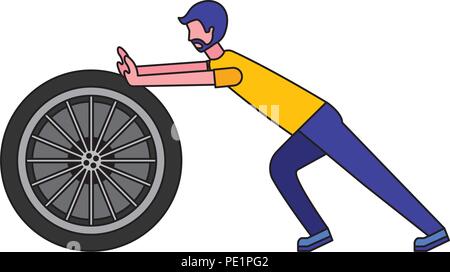 young man pushing tire car isolated icon Stock Vector Art ...