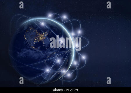 Image of network of connections over world map and processing circle ...