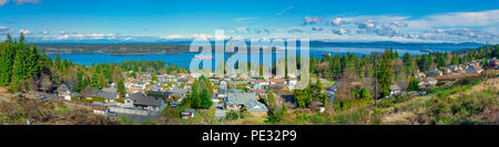 Panoramic view of Ladysmith shoreline from top of a mountain and gulf ...