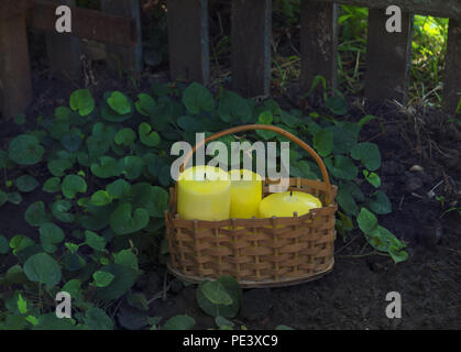 Country wiccan altar with yellow candles for Lughnasa Stock Photo - Alamy