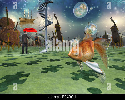 Fantasy Surreal scene. Man with red umbrella, light bulbs symbolizes ...