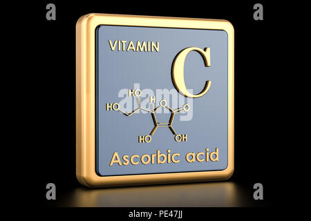 Vitamin C, ascorbic acid. Chemical formula, molecular structure. 3D ...