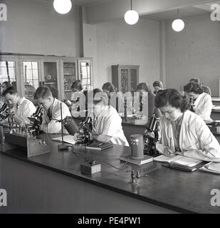 1950s, historical, science class studying earthworms, a group of male ...