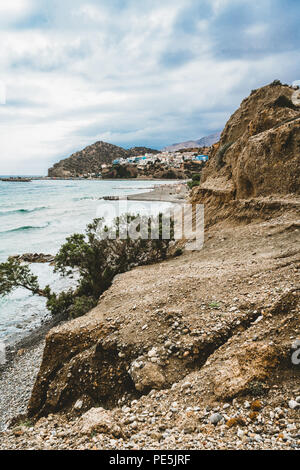 View of beautiful Matala beach with cliffs on the Crete island. Summer ...