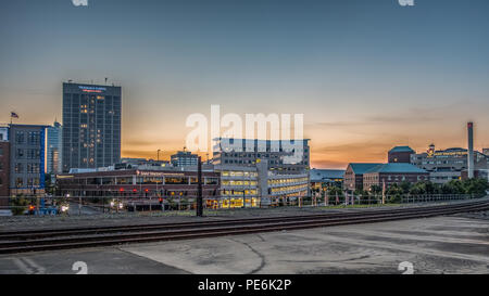 A view of the Worcester, MA skyline from the back of Union Station ...